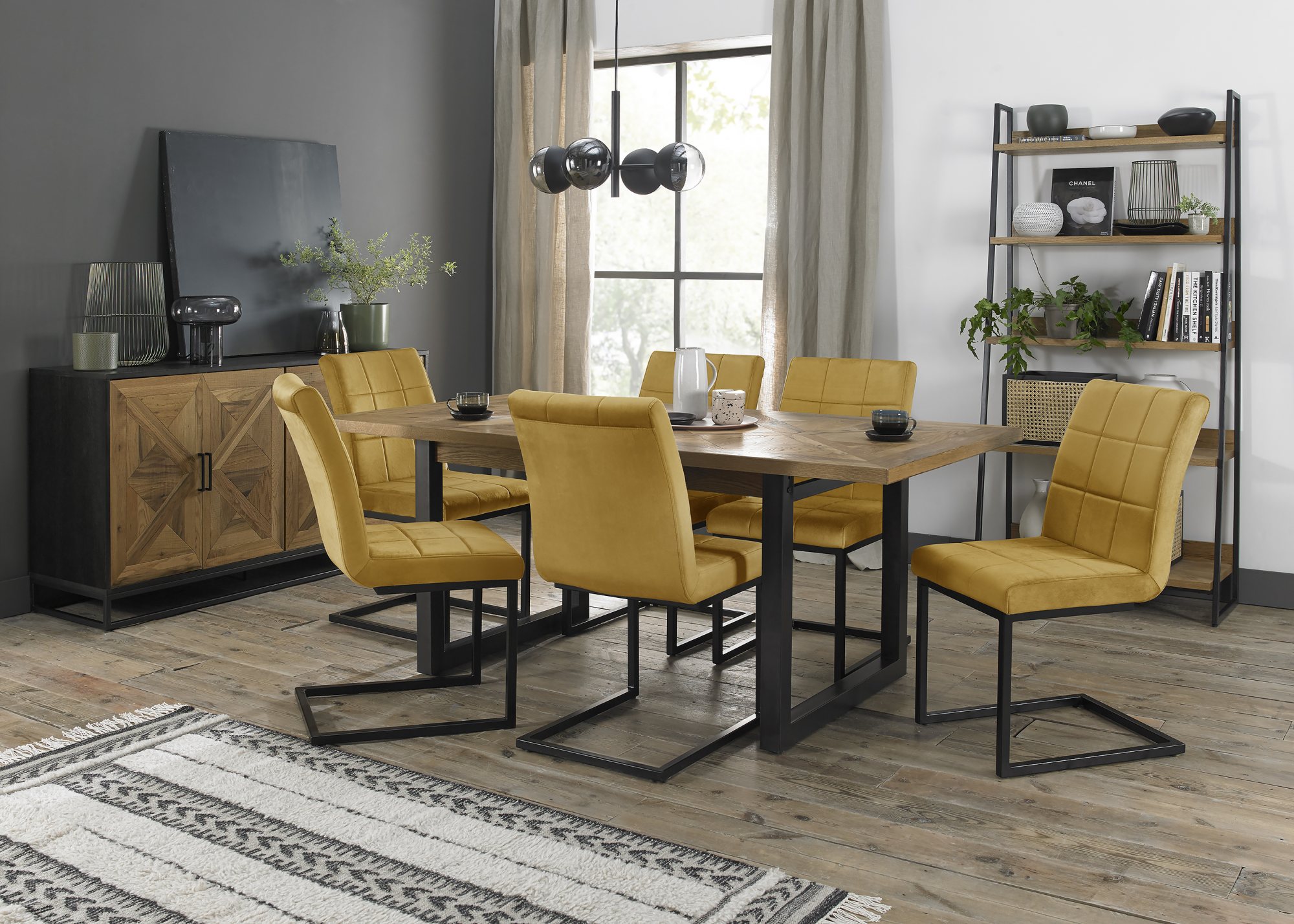Indus Rustic Oak 6-8 Seater Table & 6 Lewis Mustard Velvet Cantilever ...