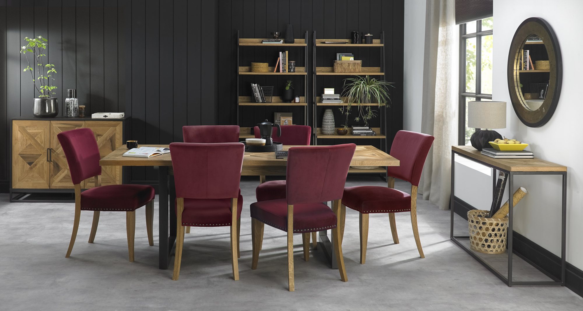 Indus Rustic Oak 6-8 Seater Dining Set | Crimson Velvet - Bentley ...