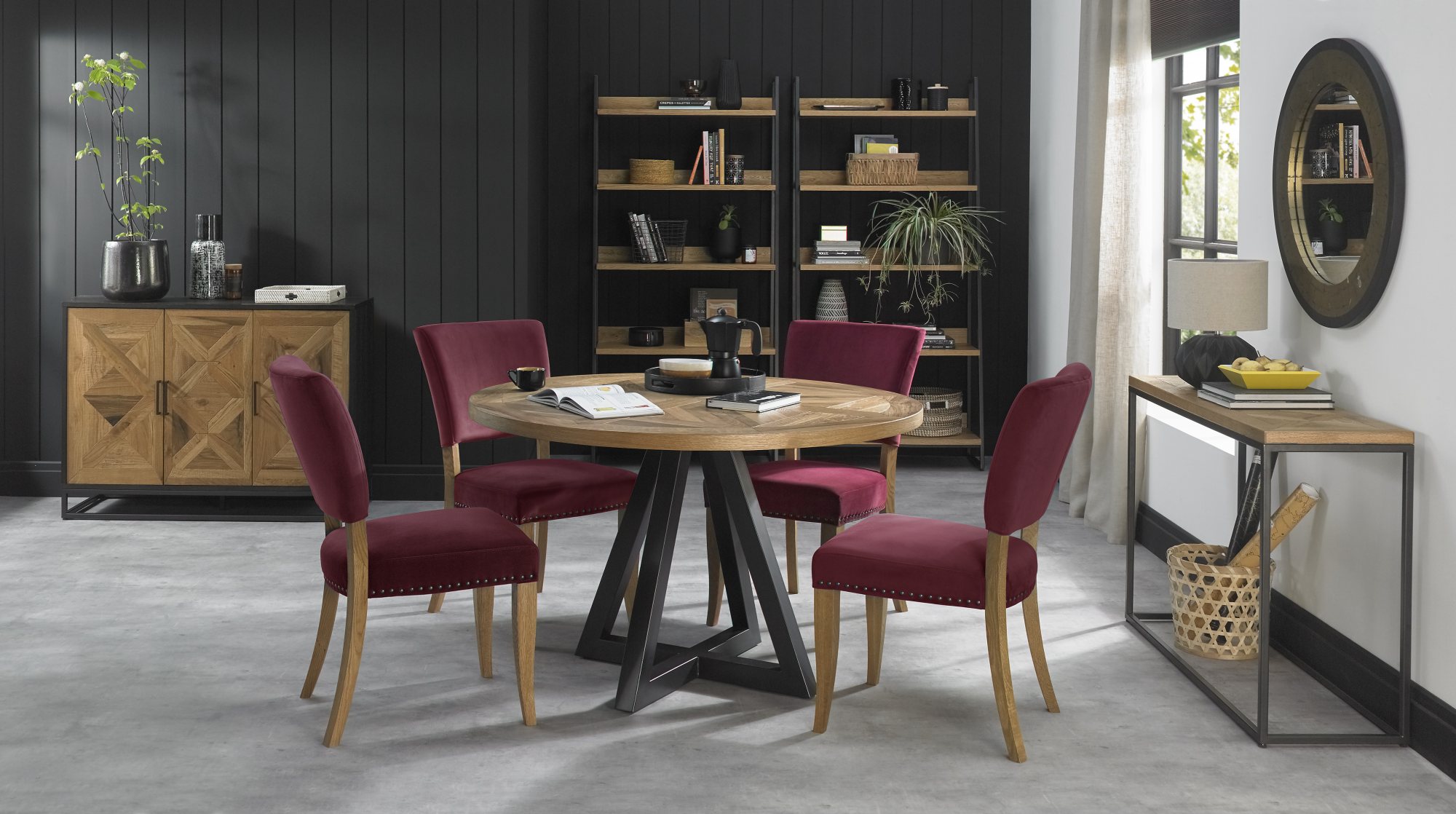 Indus Rustic Oak 4 Seater Dining Set | Crimson Velvet - Bentley Designs ...