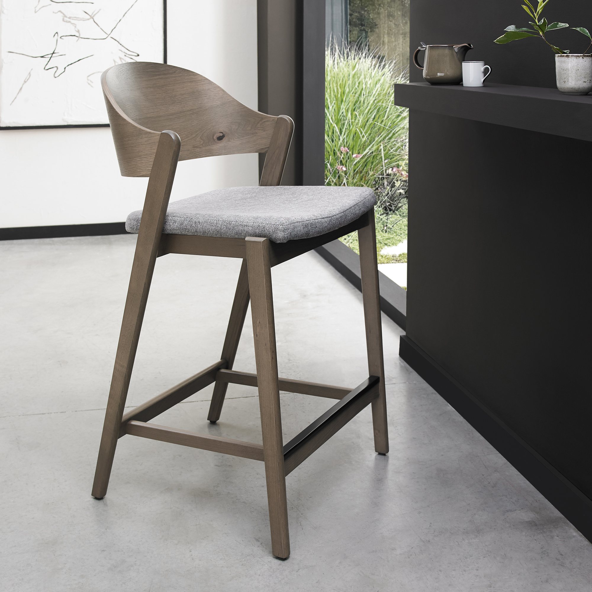 Vega Grey Oiled Oak Ply Back Bar Stool - Grey Fabric - Bentley Designs