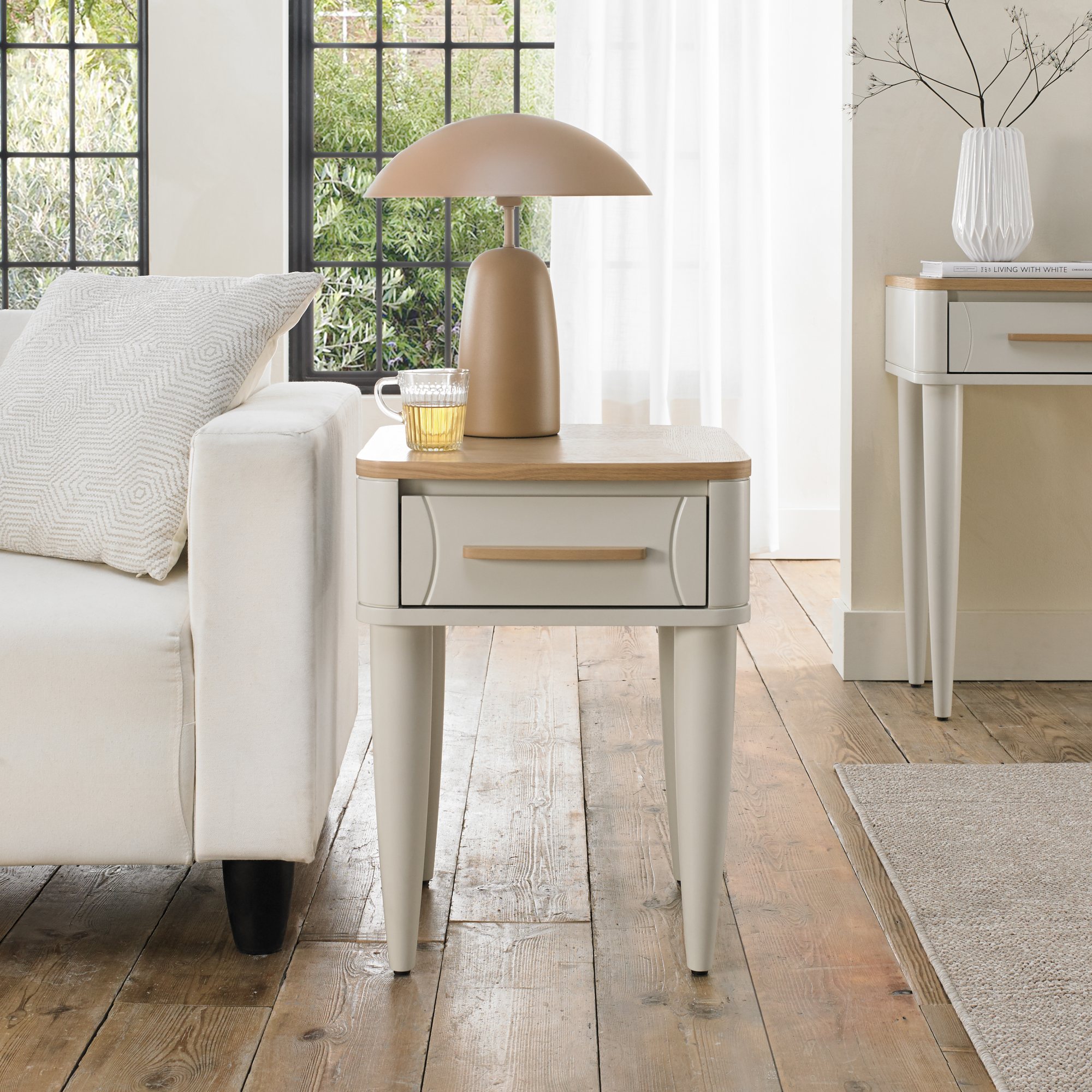 Larsen Scandi Oak & Soft Grey Lamp Table with Drawer - Bentley Designs