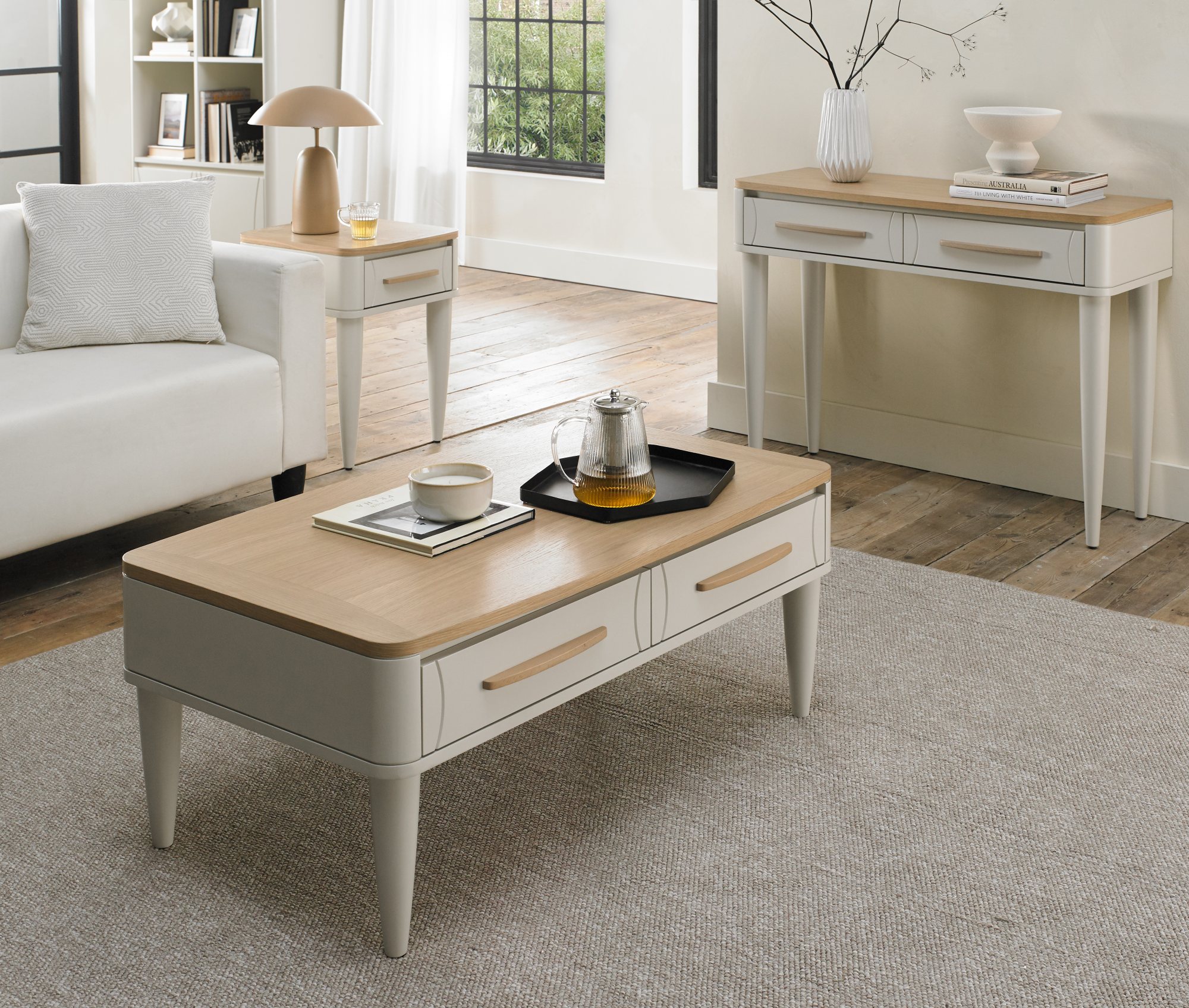 Larsen Scandi Oak & Soft Grey Lamp Table with Drawer - Bentley Designs