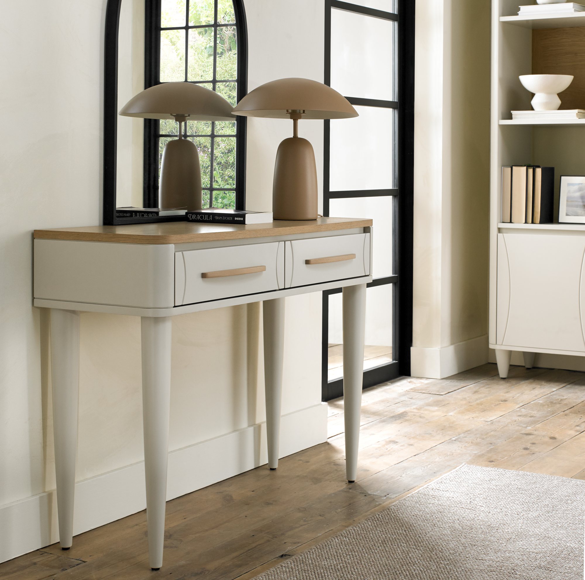 Larsen Scandi Oak & Soft Grey Console Table with Drawer - Bentley Designs